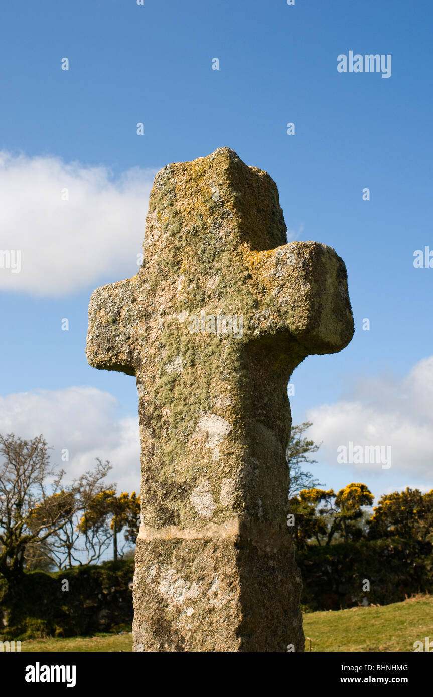 Close up of granite cross near Cadover Bridge on Dartmoor, Devon UK ...