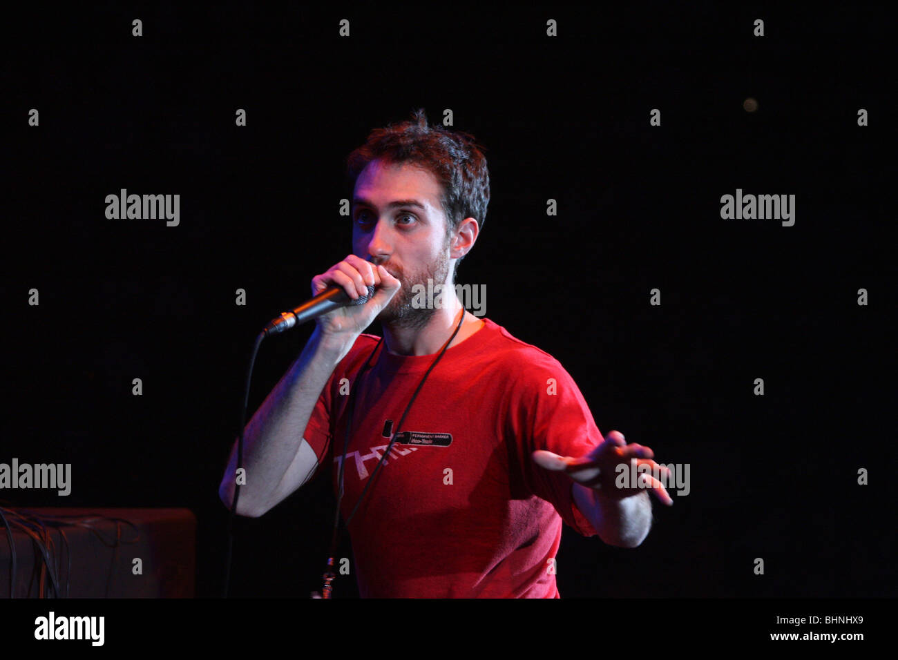 Darren Foreman (Beardyman) performing beatboxing on stage, NIA arena ...