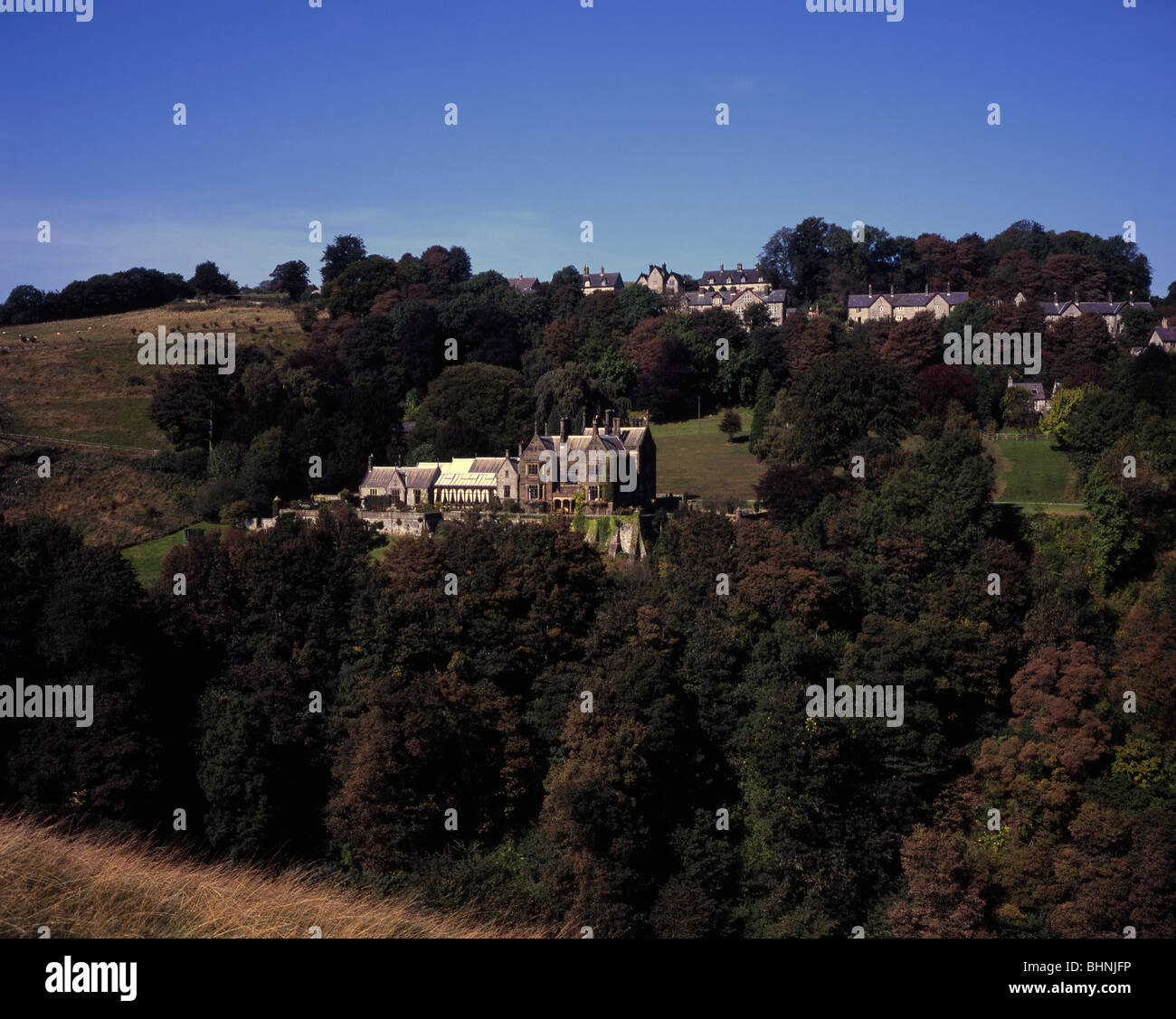 Cressbrook Hall above Millers Dale and The River Wye Peak District ...