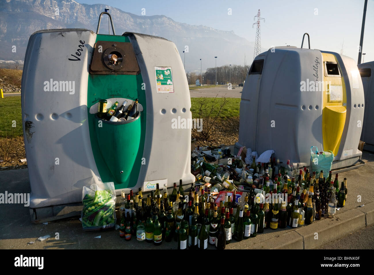 Overflowing / full recycling collection point and bottle bank near Aix ...