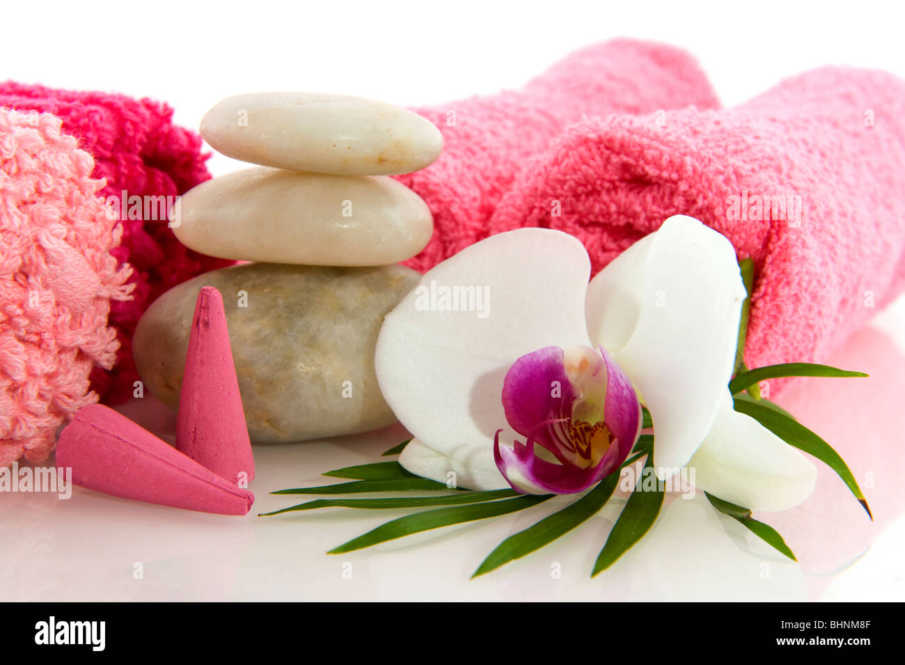 wellness in pink with beautiful Orchid over white background Stock ...