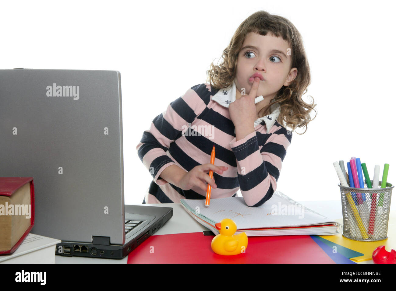 amazed gesture girl looking computer laptop screen at school desk Stock ...