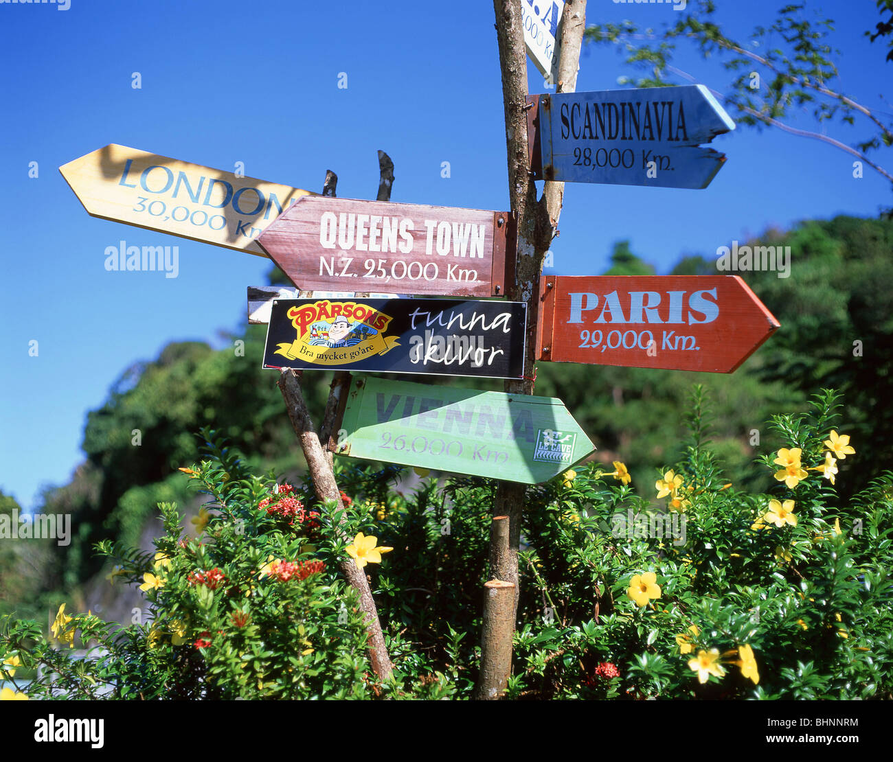 Coastal lookout distance signs, Kata, Phuket, Thailand Stock Photo - Alamy