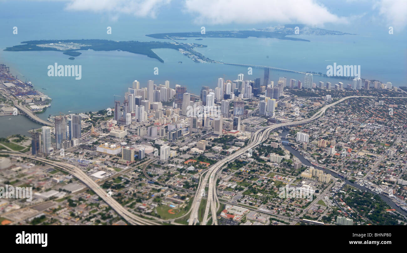 Miami city Downtown aerial view blue sea buildings town Stock Photo - Alamy
