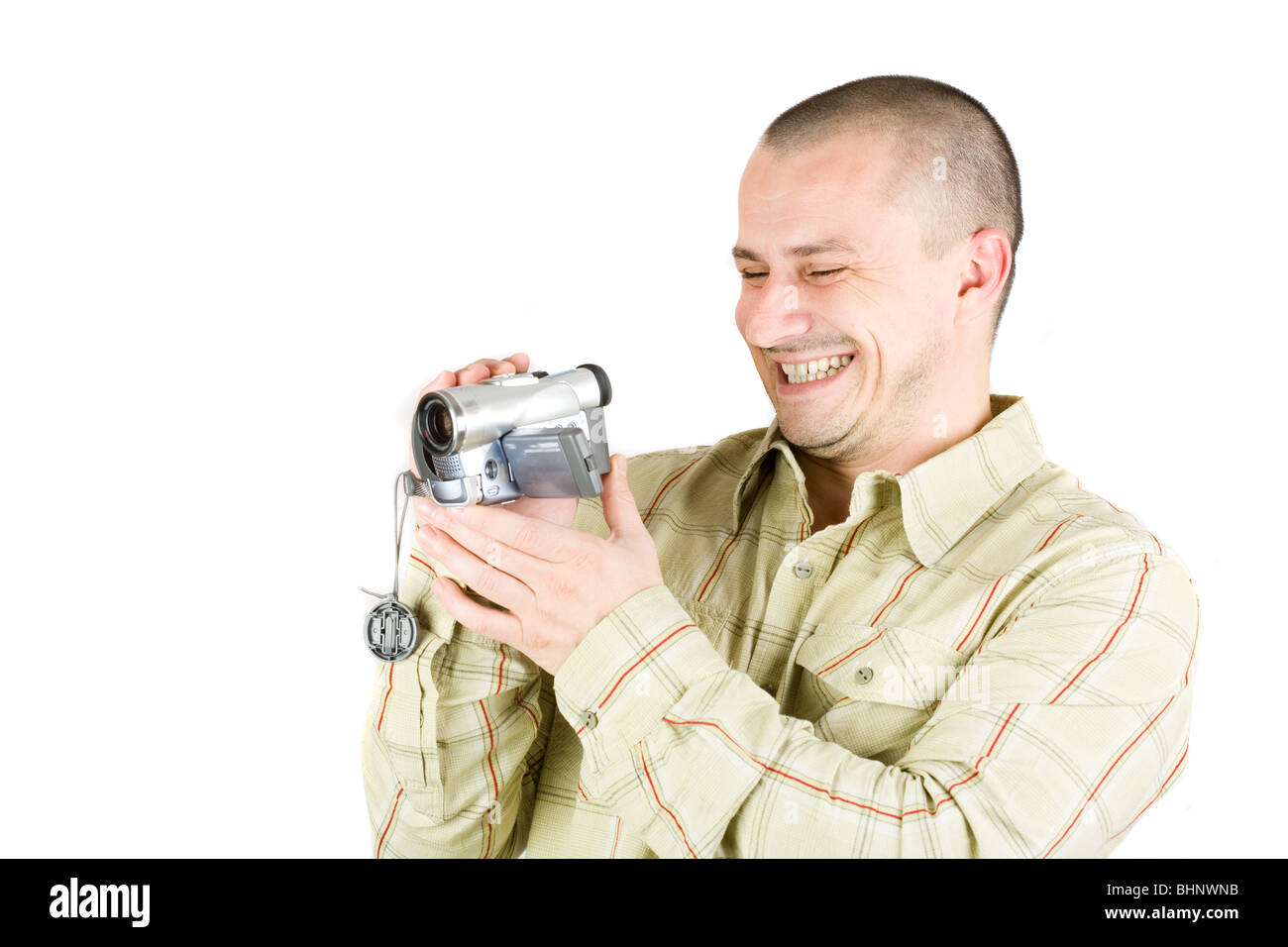 Man using video camera (camcorder), isolated on white background Stock ...
