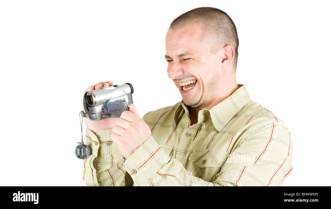 Man using video camera (camcorder), isolated on white background Stock ...