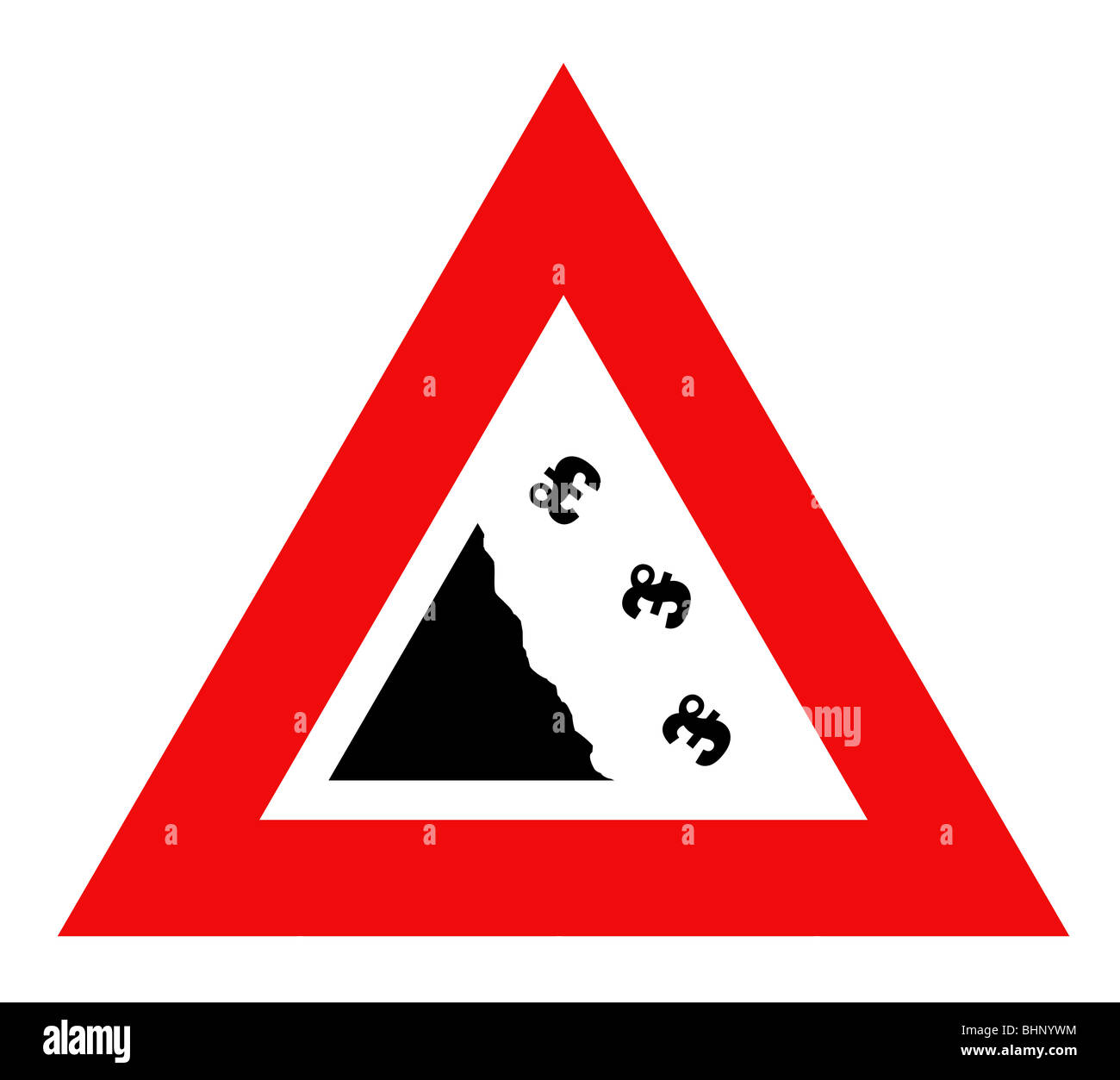 Falling English pounds Sterling currency sign in red warning triangle ...