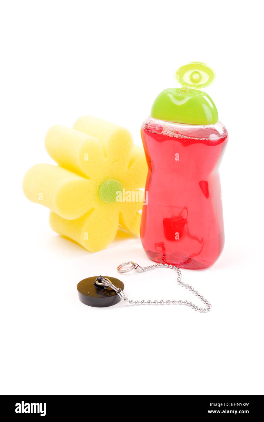 Shampoo bottle, sponge and plug Stock Photo - Alamy