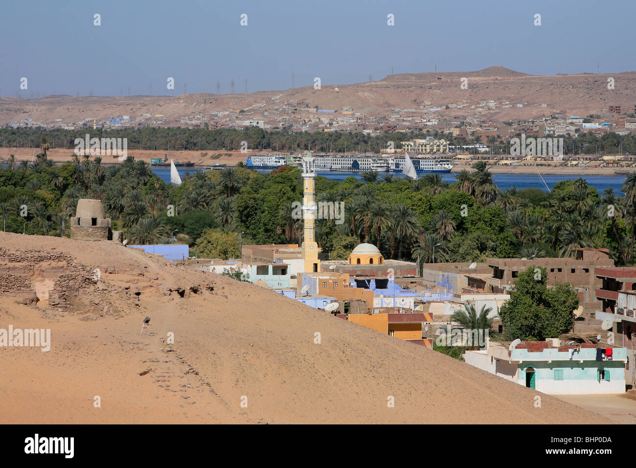 Nubian mosque and village on the west bank of the Nile in Aswan, Egypt ...