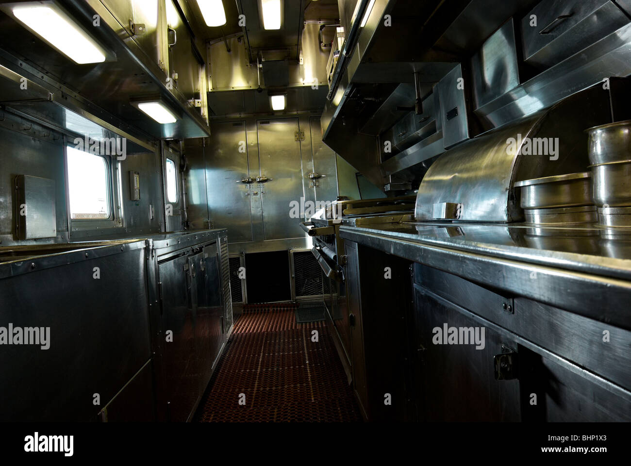 Narrow stainless steel kitchen aboard VIA Rail dining car Stock Photo ...