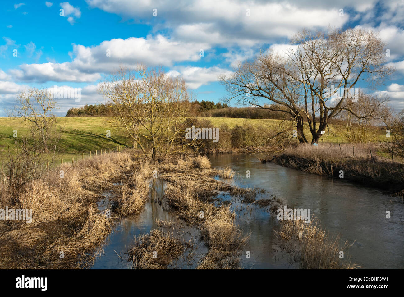 Upper reaches of the River Thames from footbridge near Cricklade ...