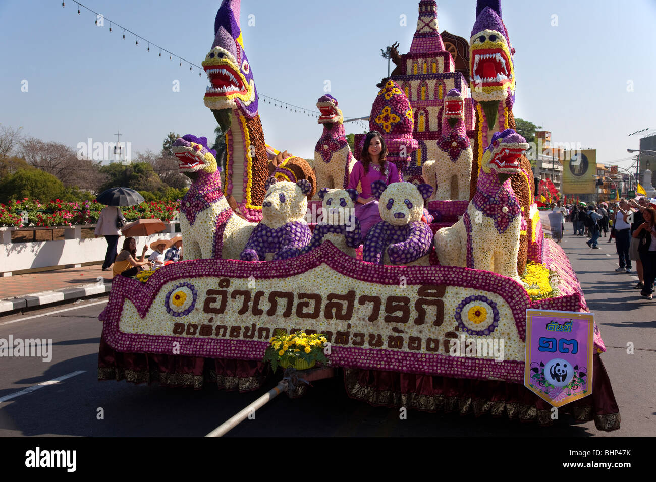 ChiangMai Flower display, ancient & modern floral art gaily decorated bedecked, parade of floats ...