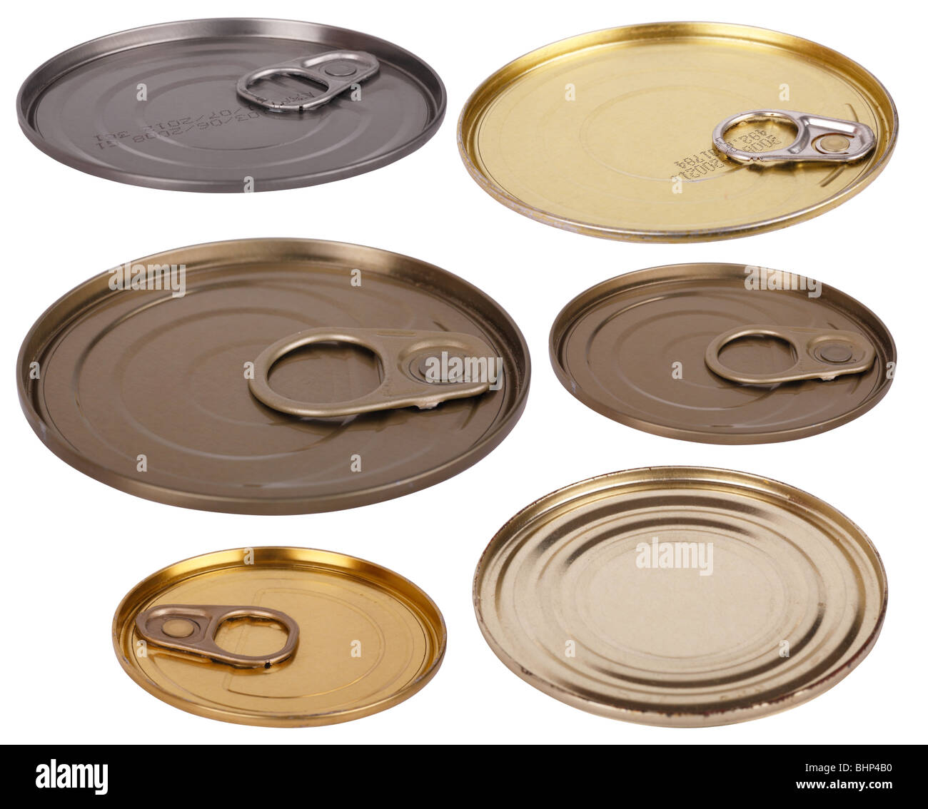 Six metal lids from cans of beer, canned food, juice, beverage ...