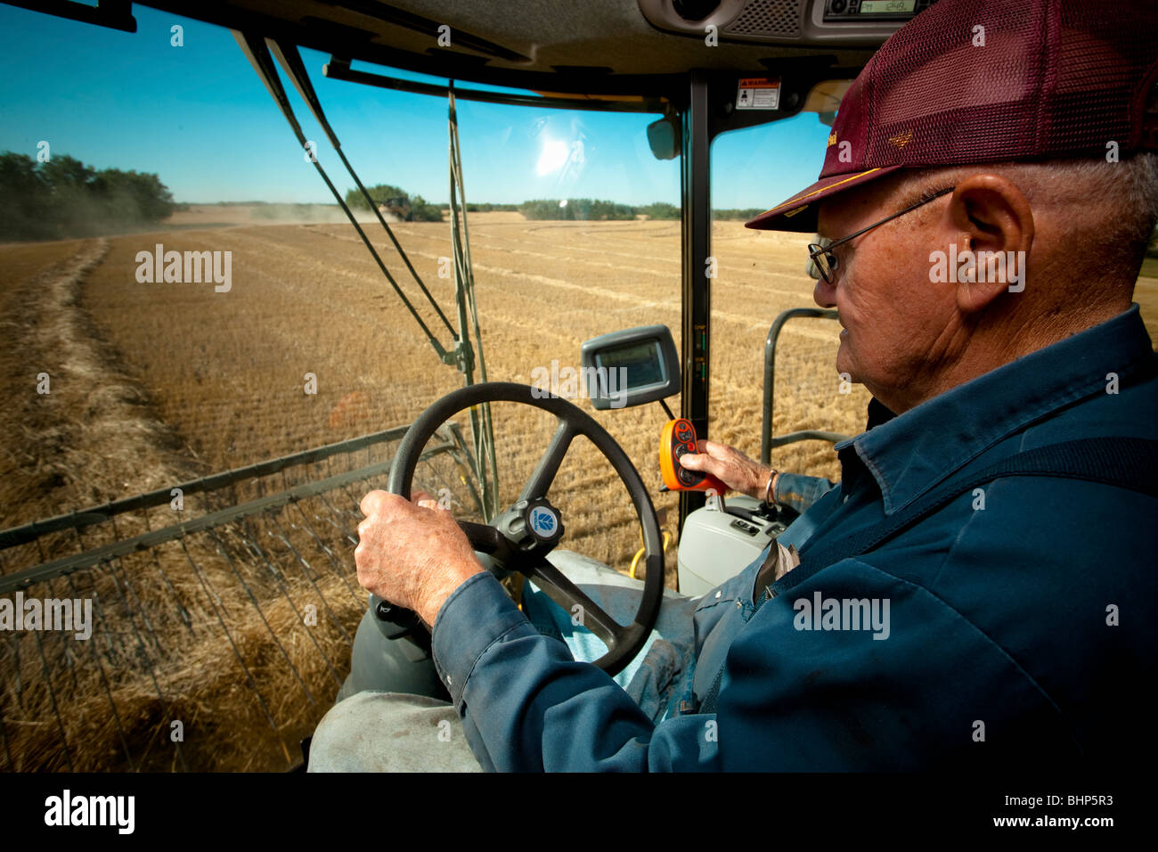 Senior Farmer In Cab Of Combine, Redvers, Saskatchewan, Canada Stock ...
