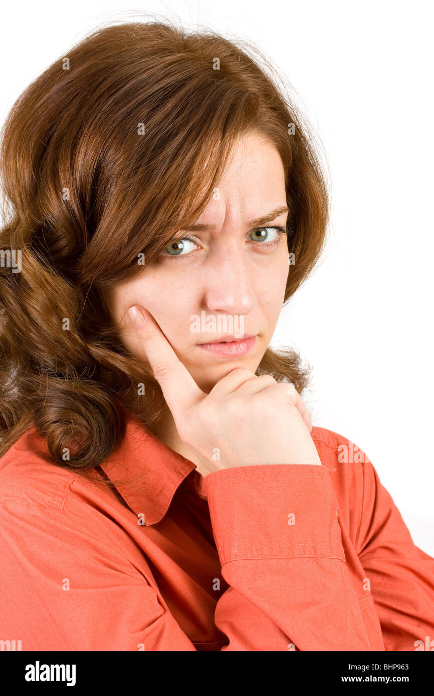 Portrait of a pensive woman on white background Stock Photo - Alamy