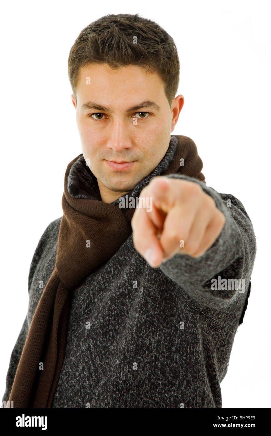 young man pointing with his finger, isolated Stock Photo - Alamy