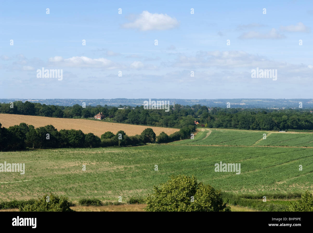 The Kent countryside showing farmed fields and woodland with a small ...