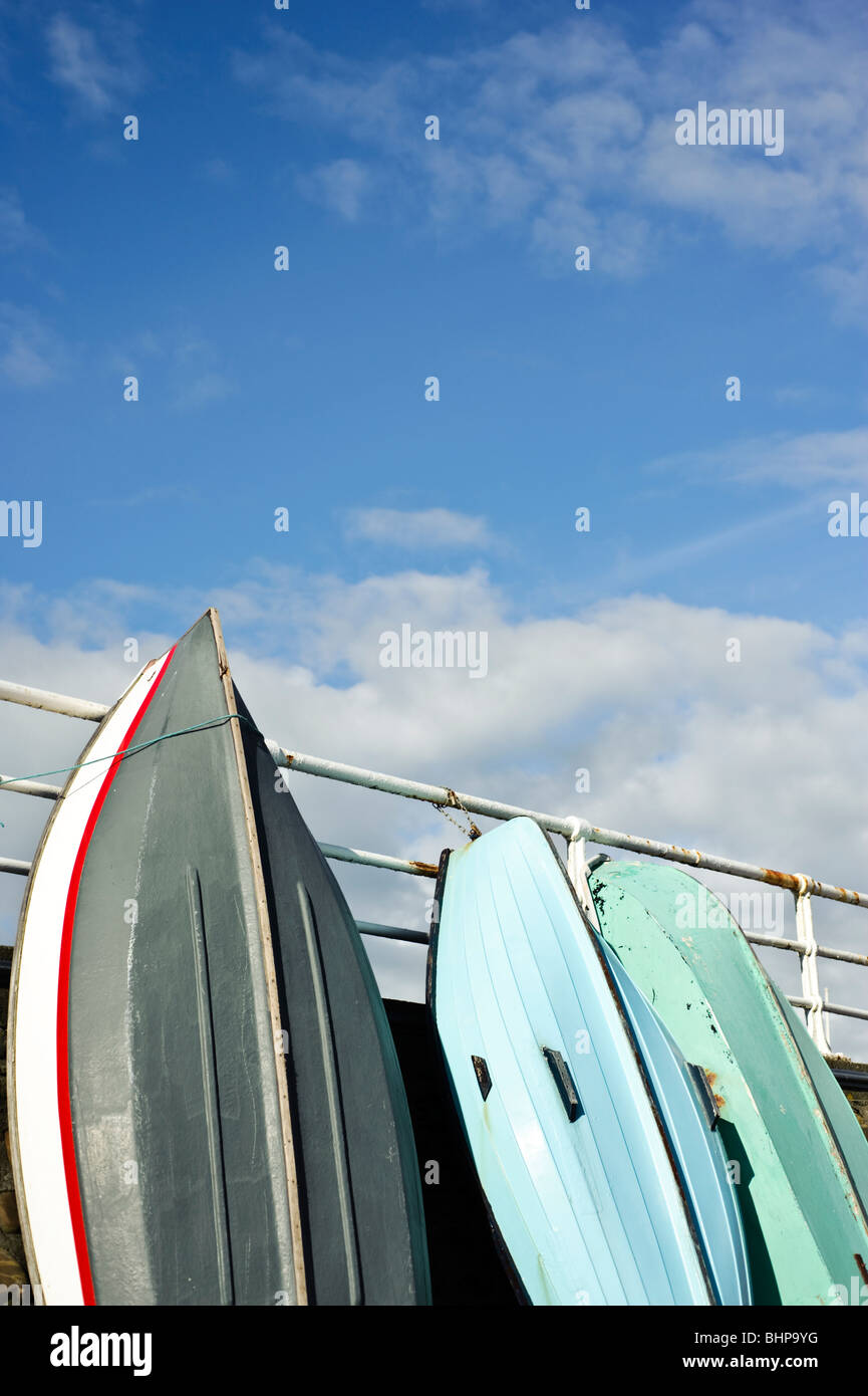 Three small rowing boats , Aberystwyth marina harbour, Ceredigion, West ...