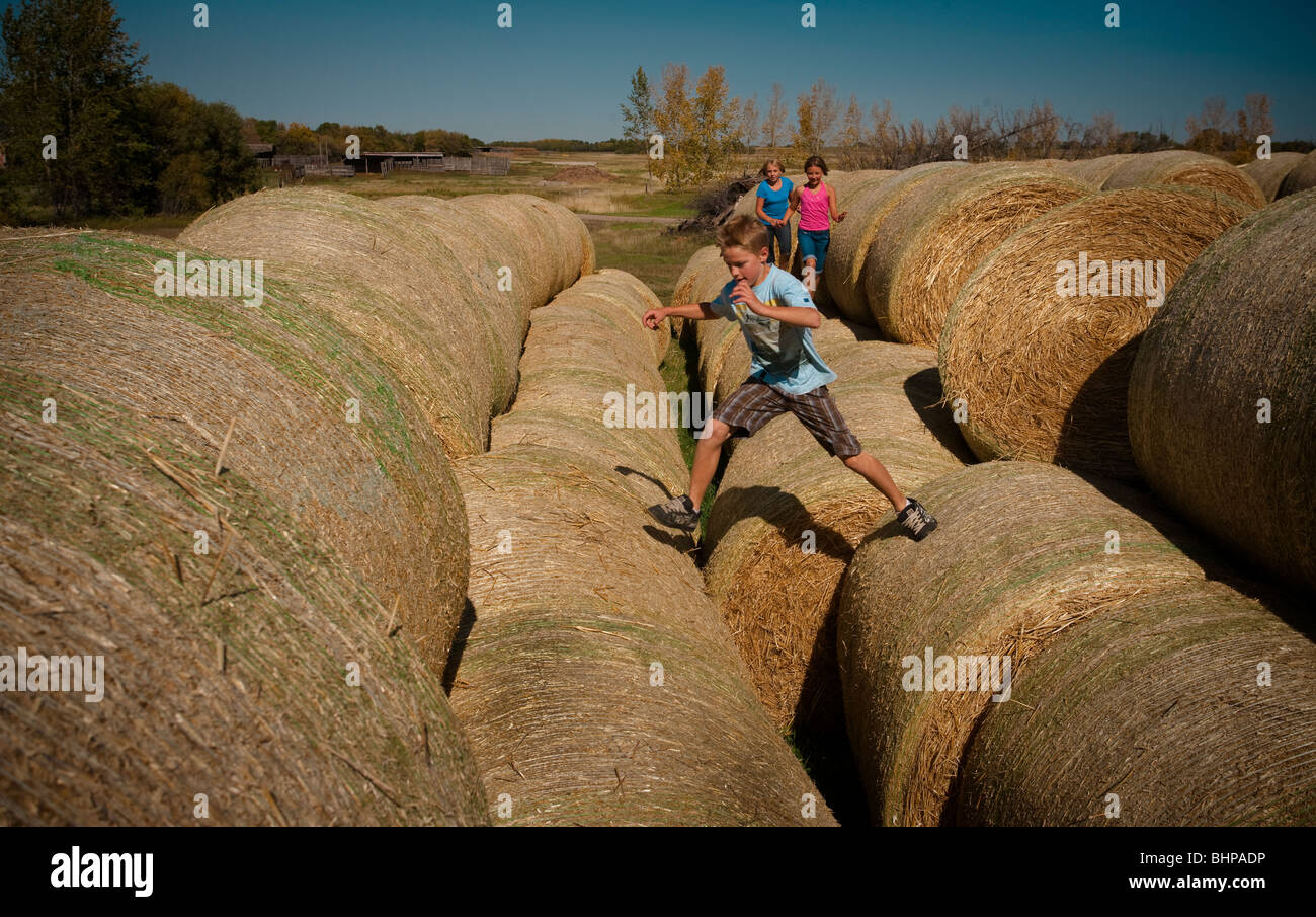 3 Farm Kids On Large Straw Bales, Redvers, Saskatchewan, Canada Stock ...