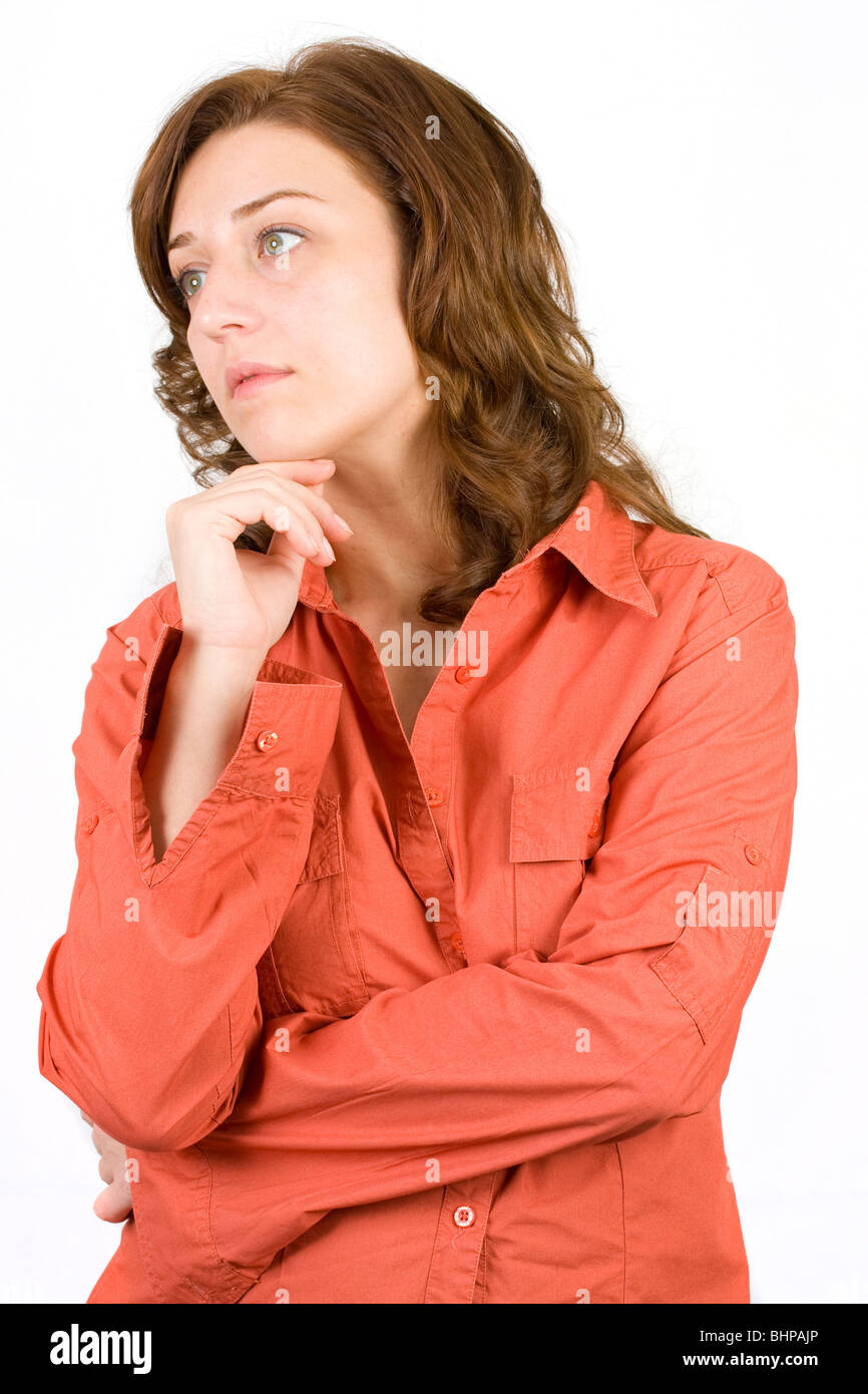 Portrait of a pensive woman on white background Stock Photo - Alamy