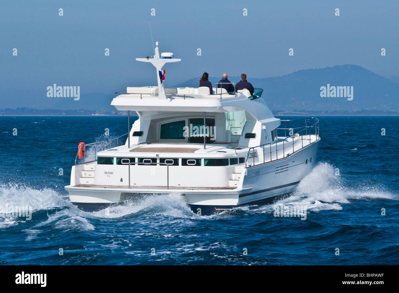 Rear view of Lagoon 44 Power catamaran, yacht, Mediterranean Sea, coast ...