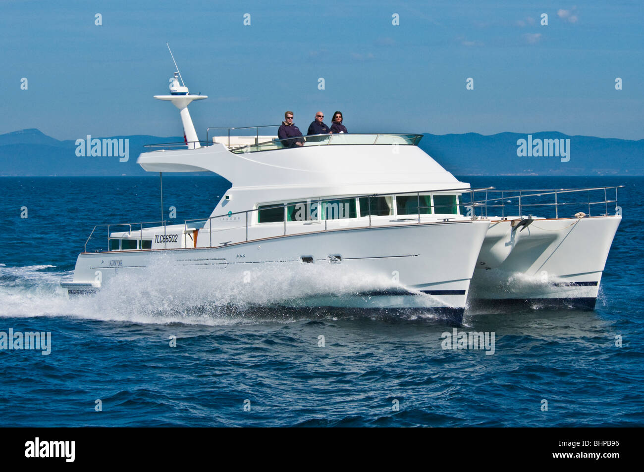 Front view of Lagoon 44 Power catamaran, yacht, Mediterranean Sea ...