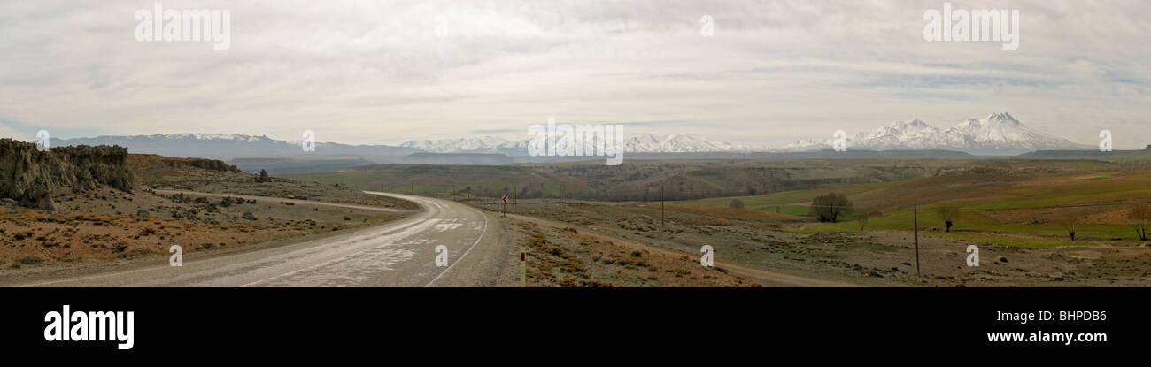 Cappadocia region, snow covered Hasan Dagi volcano Turkey, panorama ...