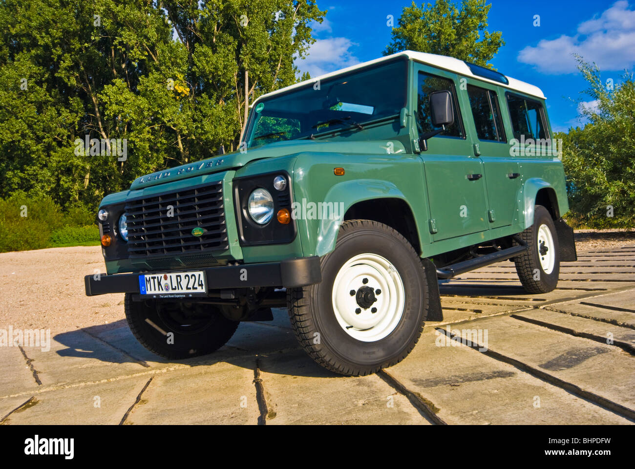 Front view with radiator of classical Land Rover Defender 110 off road ...