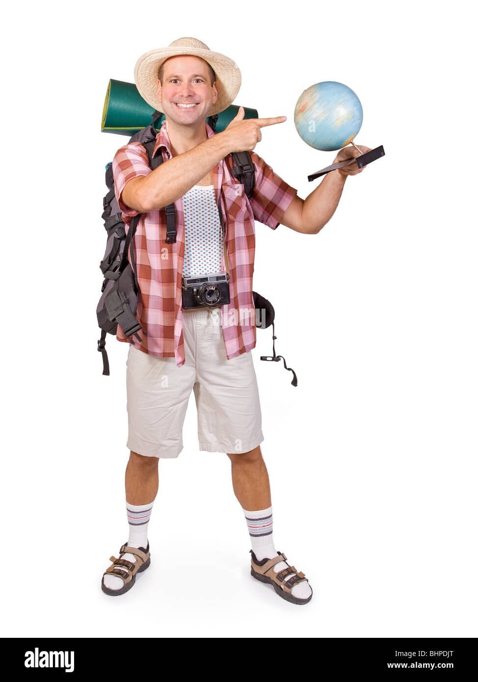 smiling tourist with globe Stock Photo - Alamy