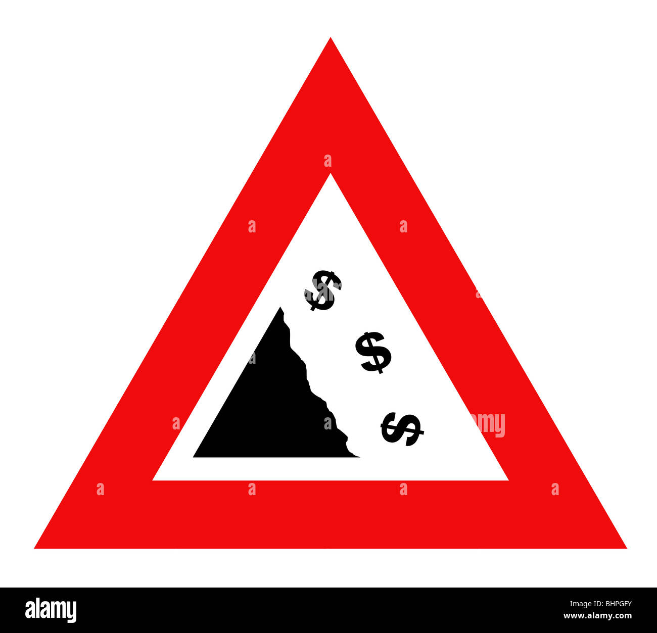 Falling dollar currency sign in red warning triangle, isolated on white ...