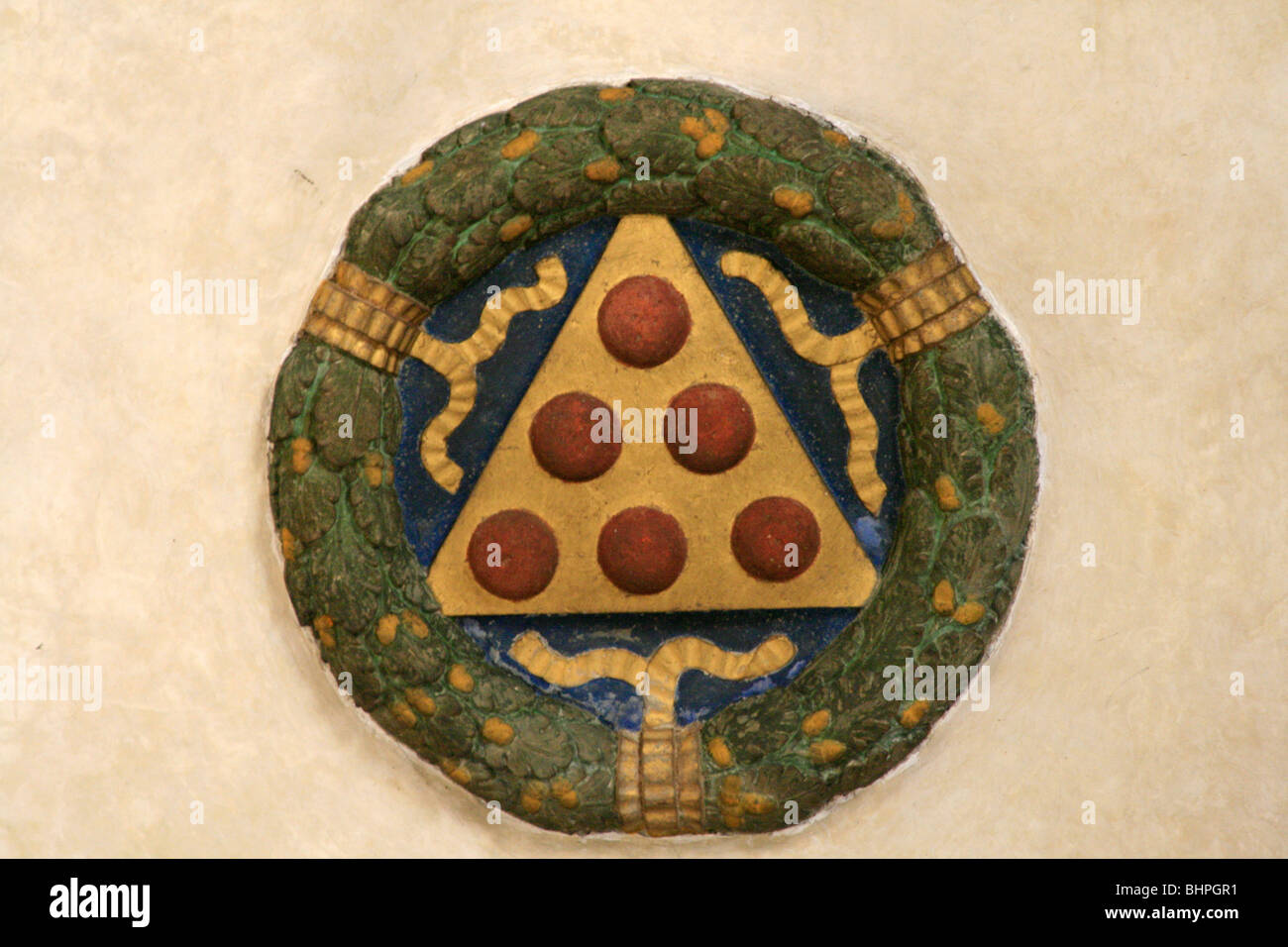 historic emblem of Medici in basilica of Santa Croce in Florence, Italy ...