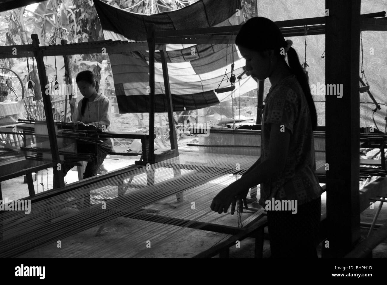 young girls weaving , fishing community , mekong river , phnom penh ...