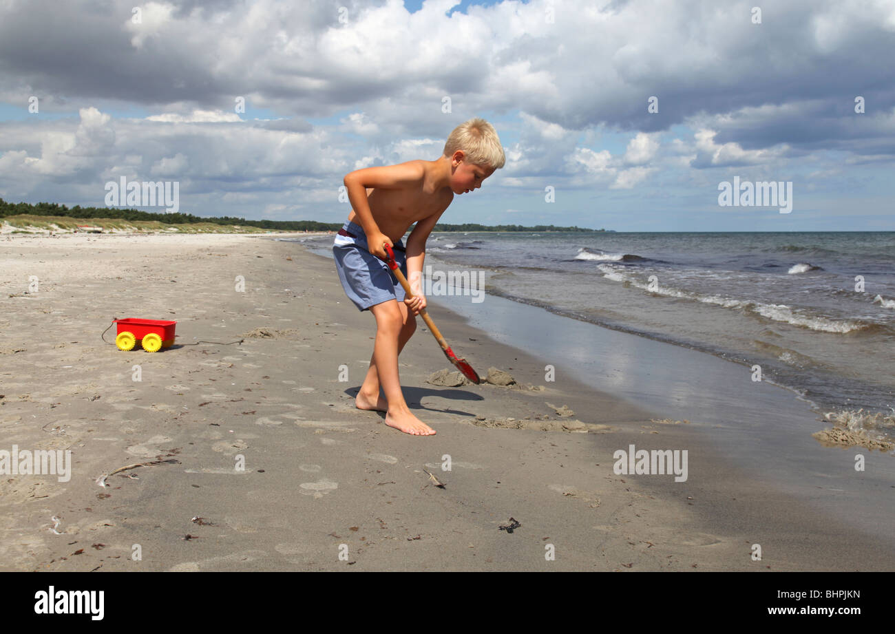 Young blonde boy digging in the sand on beach Stock Photo - Alamy