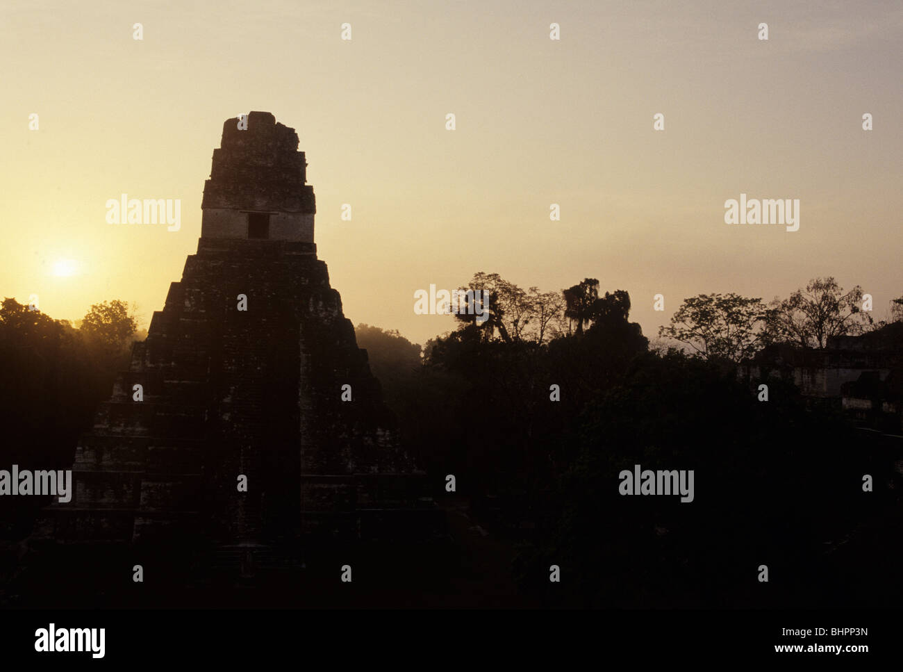 Sunrise over Mayan ruins of Temple I in the Great Plaza of UNESCO World ...