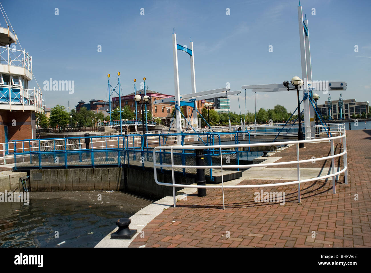 Salford Quays and lock gate Stock Photo - Alamy