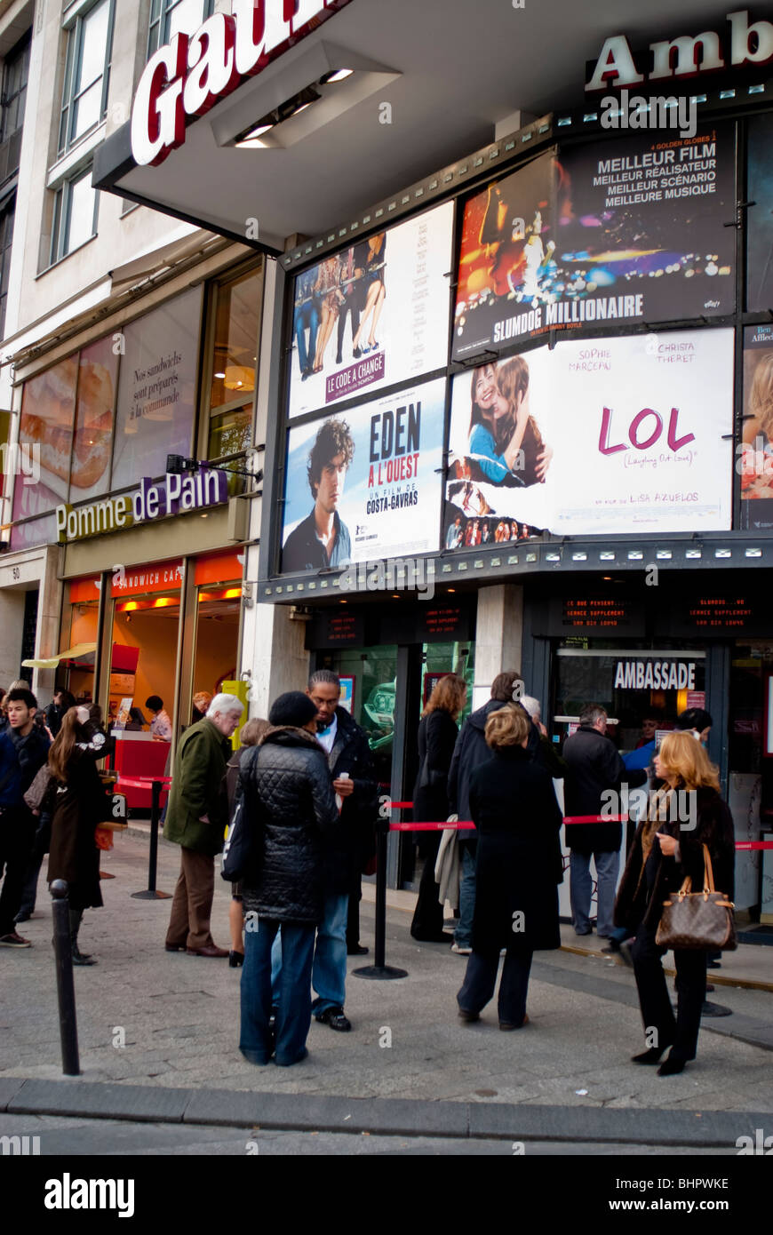 Paris, France, Large Crowd People Waiting Outside busy Cinema, Gaumont ...