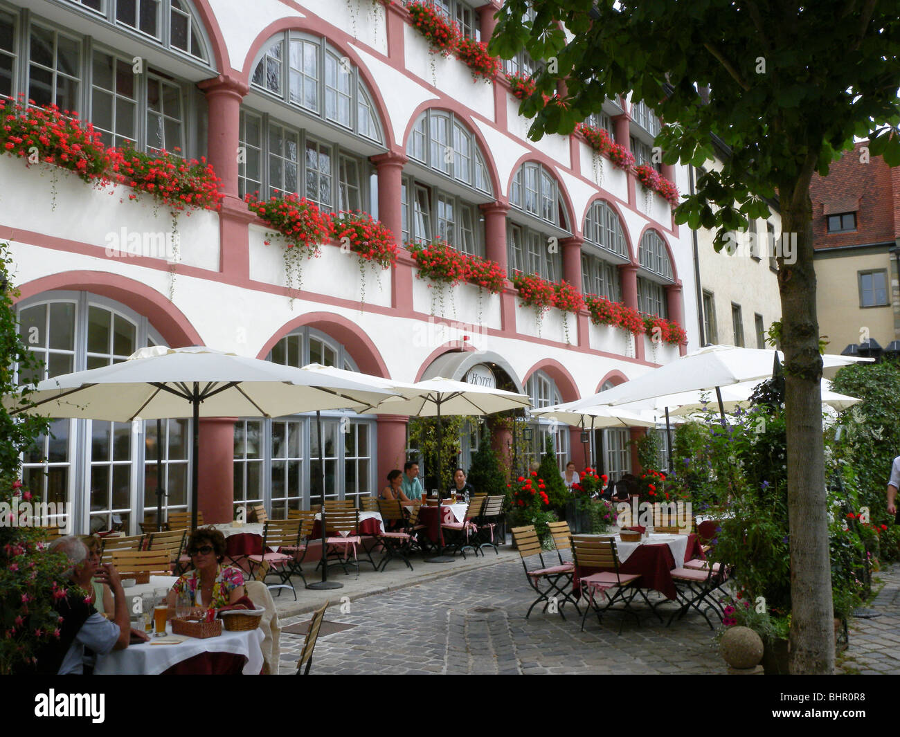 restaurant and beer garden Bischofshof, old town of Regensburg, UNESCO ...