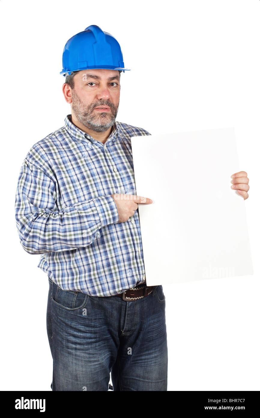Construction worker showing a blank card, isolated on a white ...