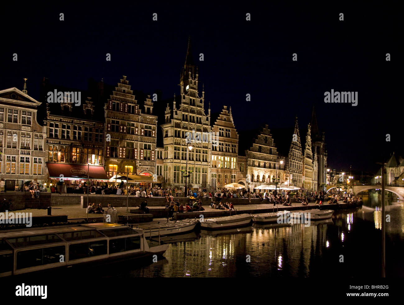 Graslei after dark at Ghent Belgium Stock Photo - Alamy