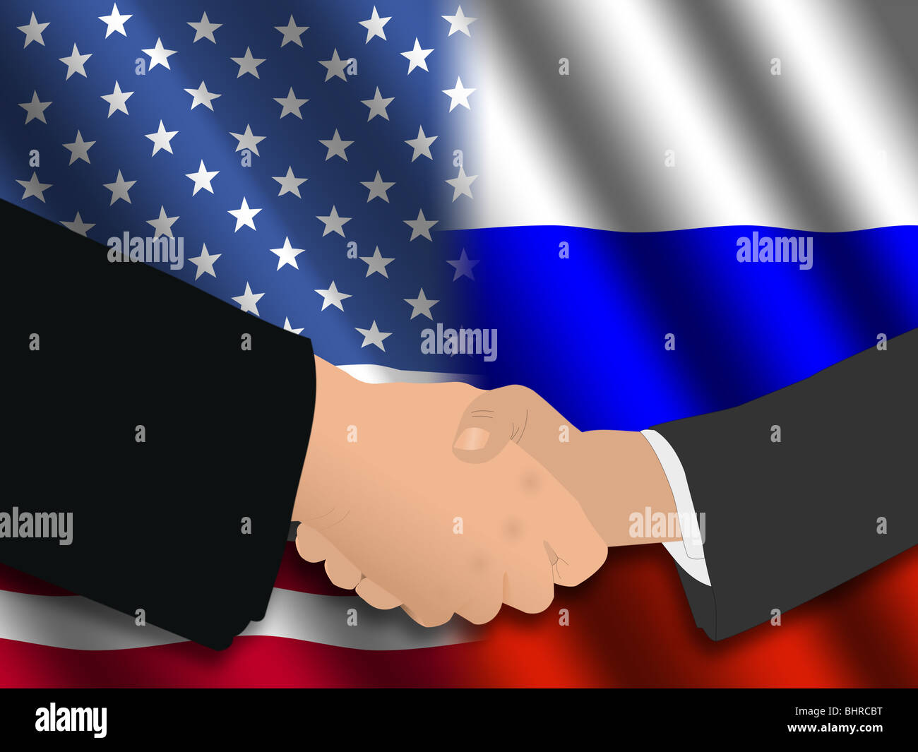 Handshake over American and Russian flags illustration Stock Photo - Alamy
