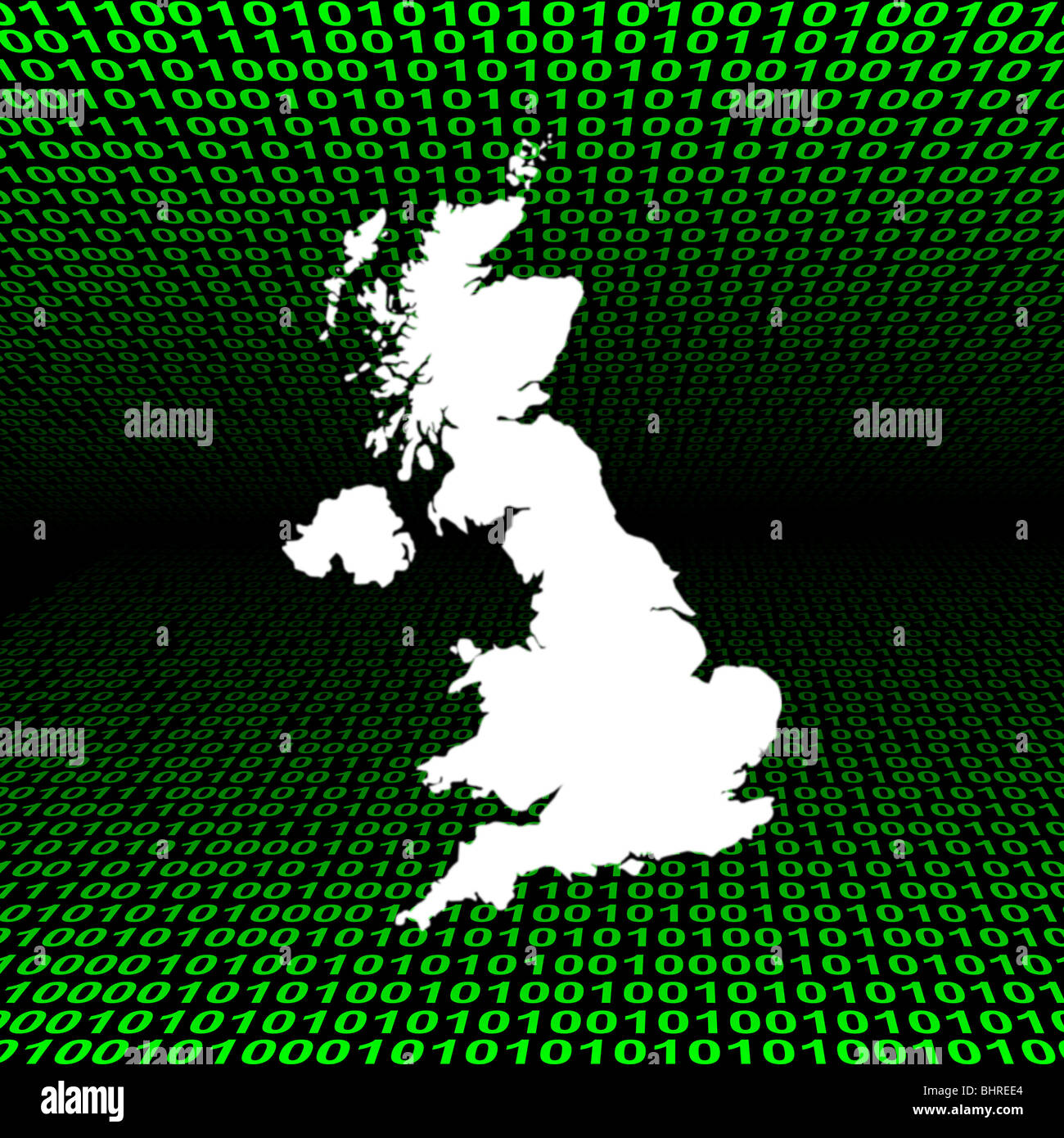 glowing UK map over green binary code illustration Stock Photo - Alamy