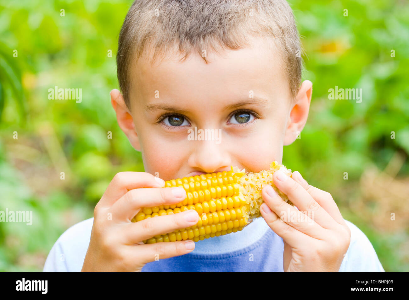 Boy eating fresh boiled corn Stock Photo - Alamy
