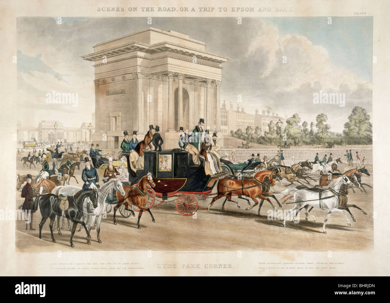 Horse drawn carriages along Hyde Park Corner, London, 1838. Artist: J ...