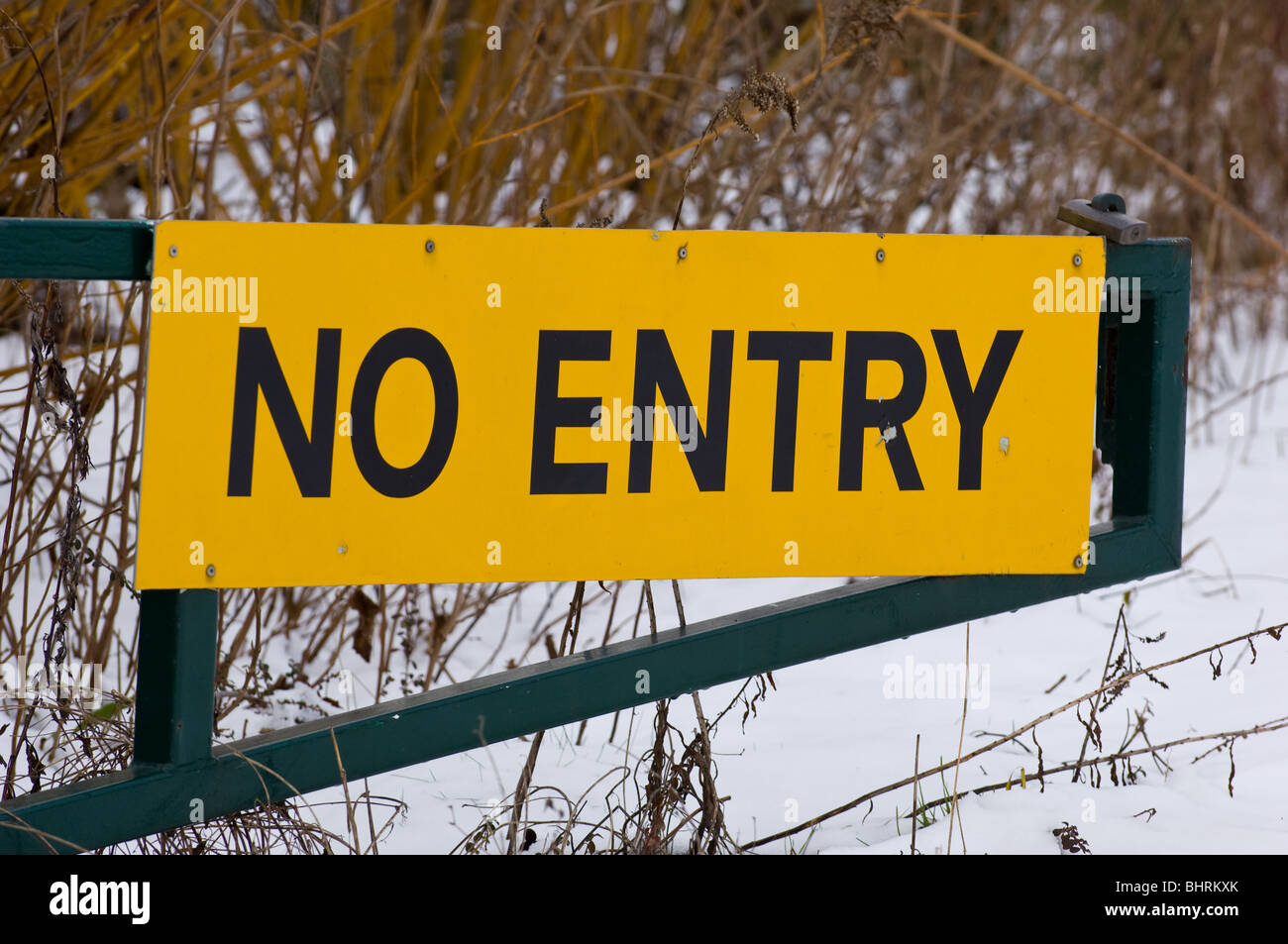 A no entry sign attached to a metal gate Stock Photo - Alamy