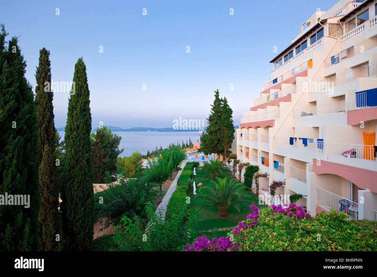 view of Greek hotel at morning Stock Photo - Alamy