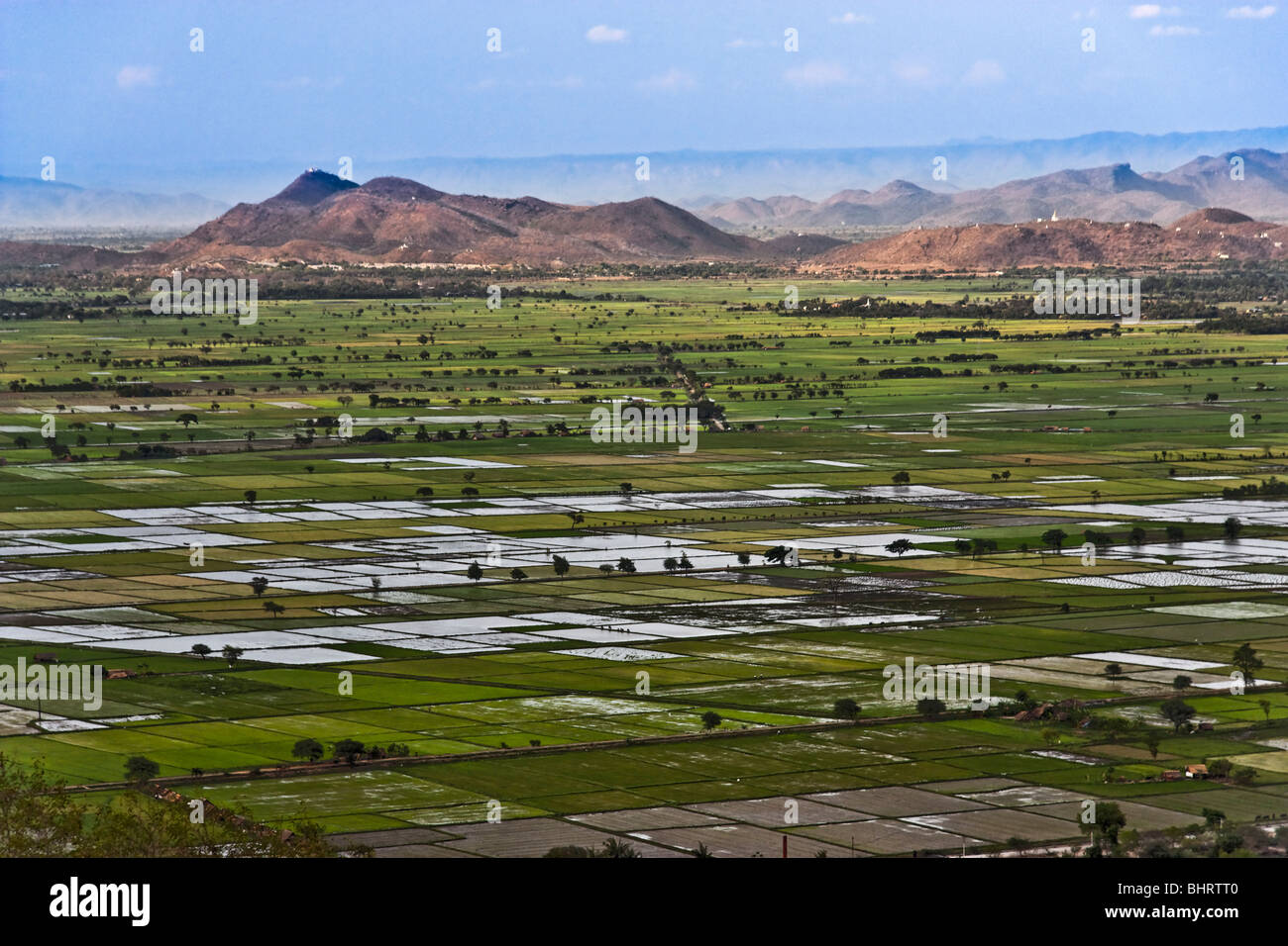 Beautiful panoramic landscape with rice fields and mountains in Myanmar ...