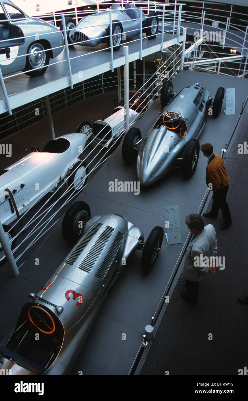 Mercedes Benz racing cars on a ramp in the Mercedes Benz Museum ...