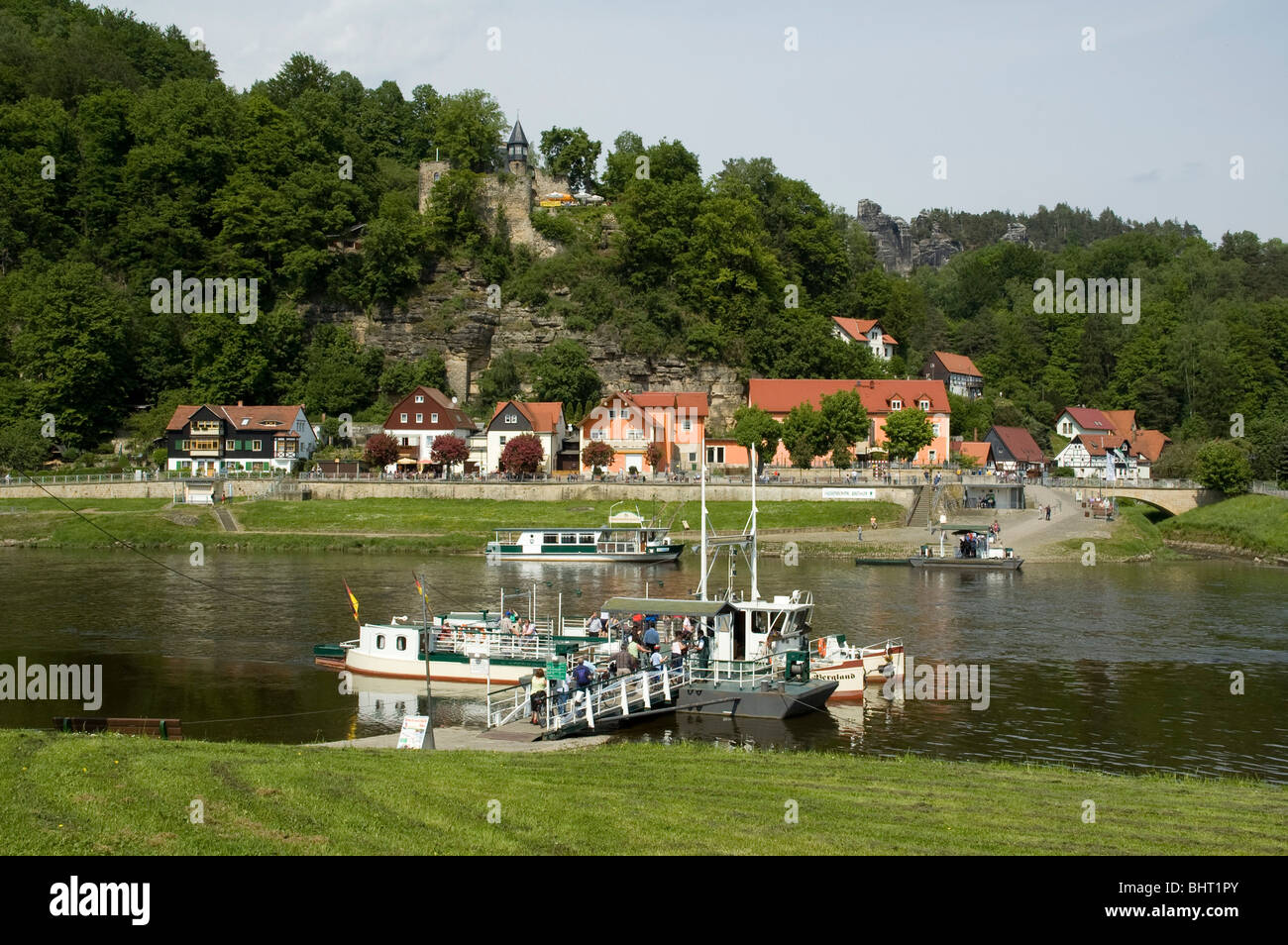Kurort Rathen on river Elbe, ferry, Saxon Switzerland, Saxony, Germany ...