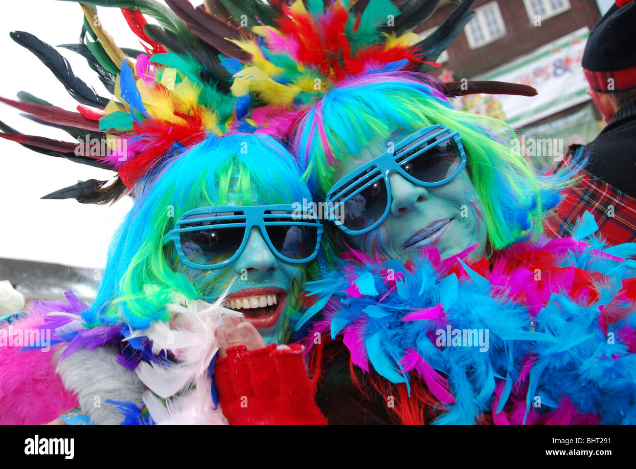 close up of young women in fancy dress at annual carnival parade in ...