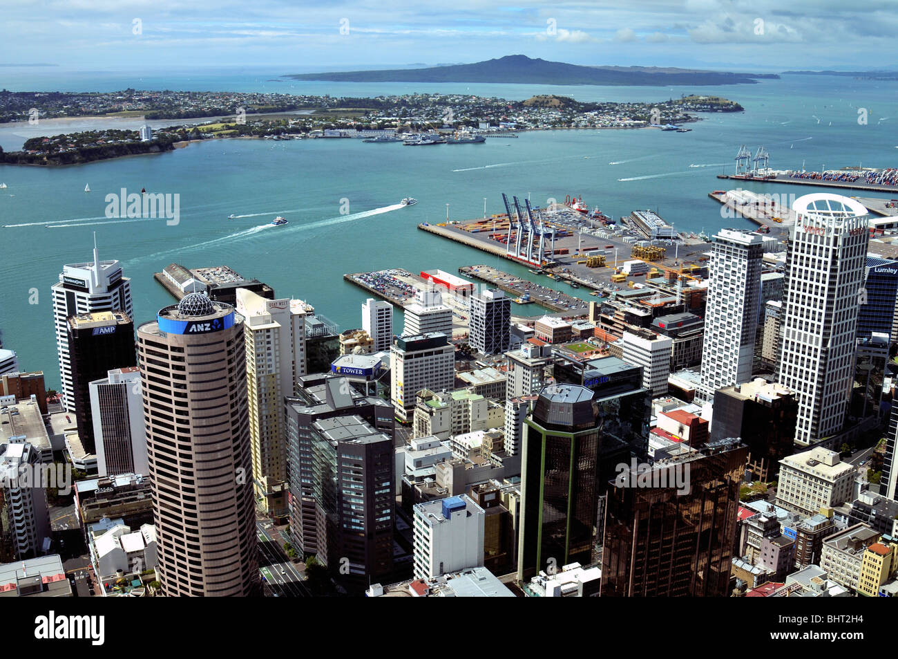 An aerial view of Auckland City, showing highrise commercial buildings ...